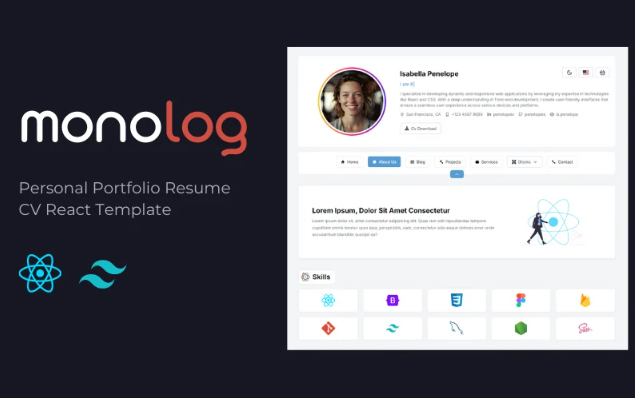 Monolog Personal Portfolio & CV React Template Free Download